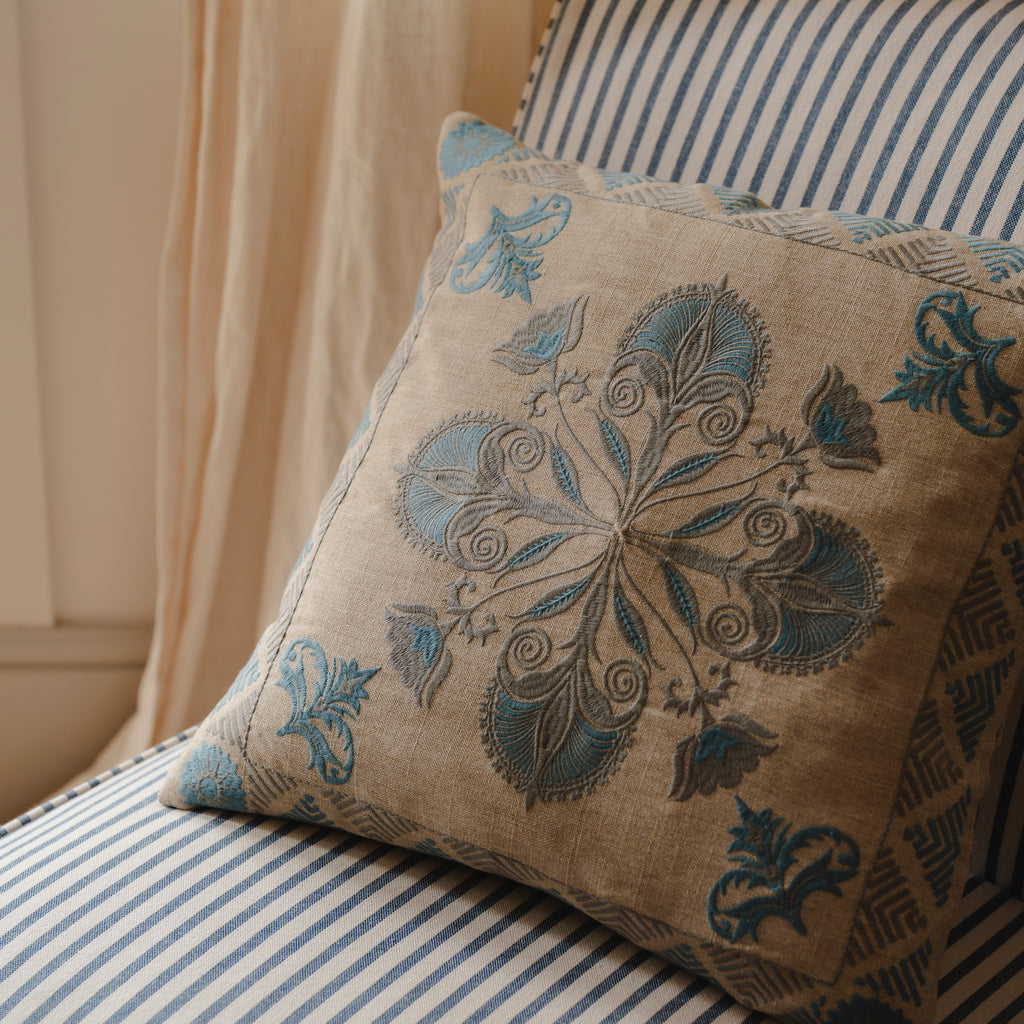 Iris Blue Cushion | Embroidered Cushions | Weaver Green